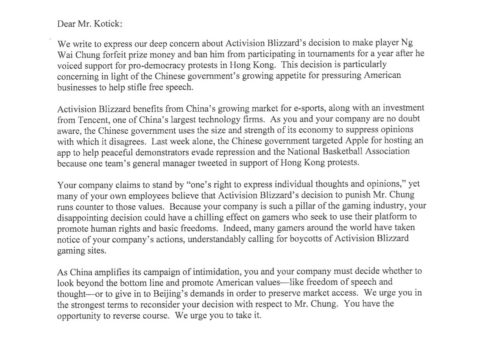 US politicians urge Activision Blizzard to drop Blitzchung ban | VGC