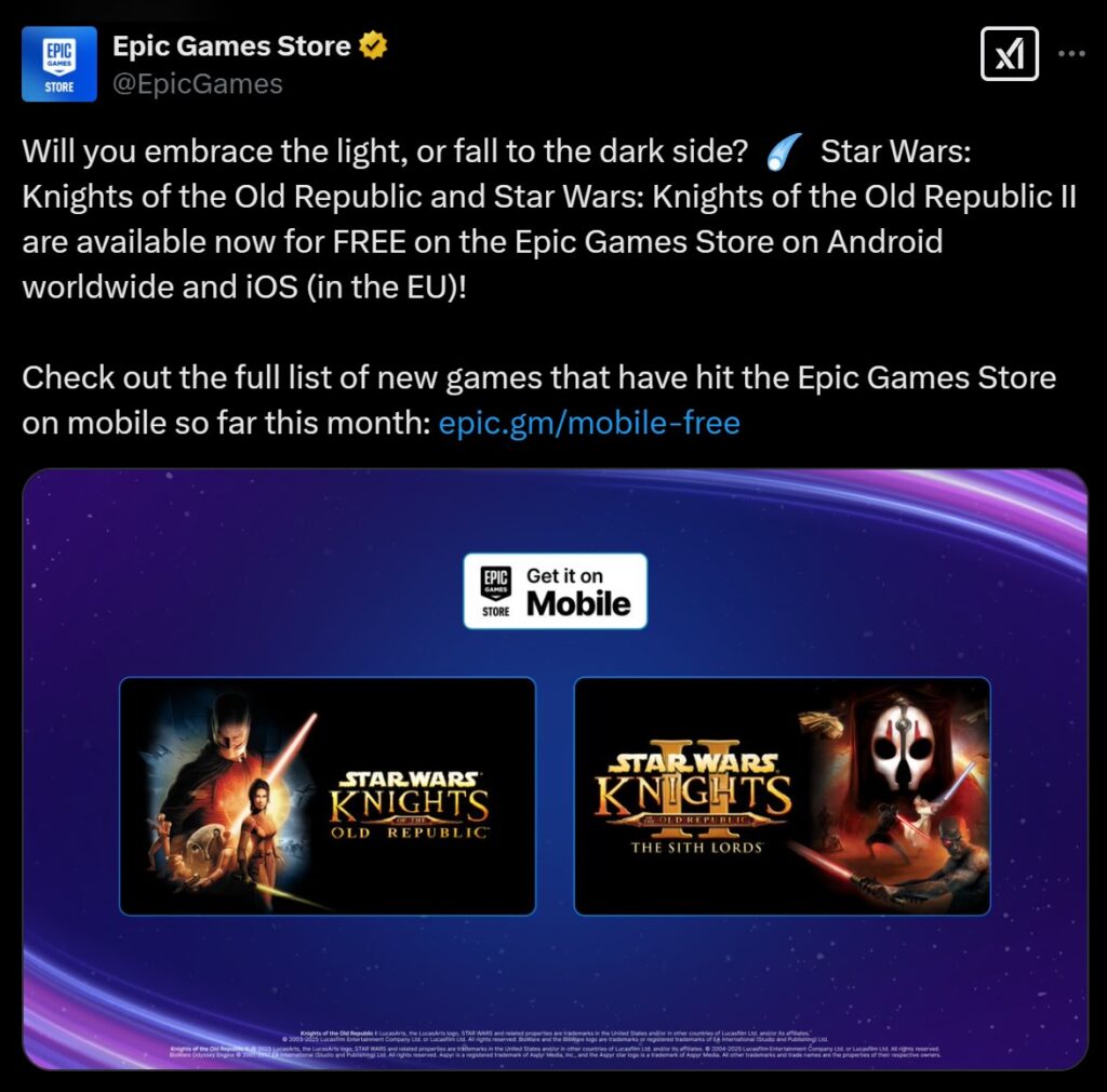 Star Wars KOTOR 1 and 2 are free on the Epic Games Store mobile app | VGC
