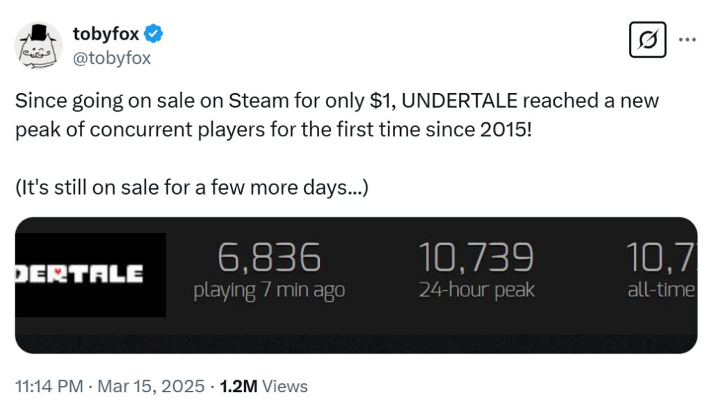 10 years after its release, Undertale has set a new concurrent players ...