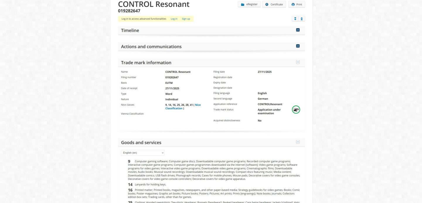 A trademark for Control: Resonant appears to have been filed by Remedy ...